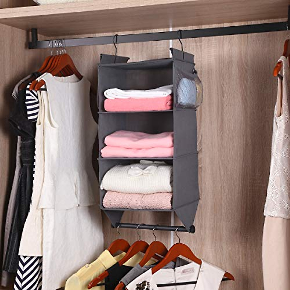 MAX Houser 3 Tier Shelf Hanging Closet Organizer with Garment Rod 2 Side Pockets, 3-Shelves Hanging Sweater Organizer (Grey)