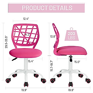 FurnitureR Kids Desk Chair, Armless Small Office Chair Adjsutable Swivel Task Chair with Soft Cushion for Study Kids Teens Child, Pink