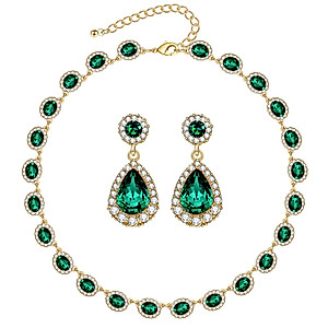 WOWORAMA Bridal Wedding Necklace Crystal Teardrop Dangle Earrings Simple Statement Necklace Jewelry Set Gold Green Bridal Jewelry Set for Wedding Emerald-Green Color Gold-Tone