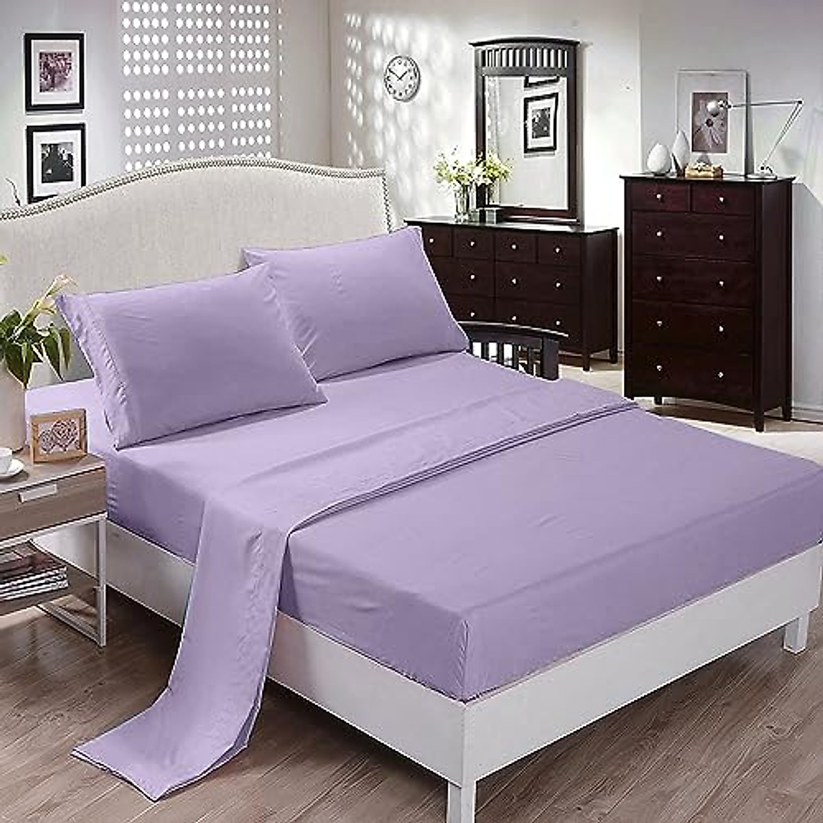 9Threads 400 Thread Count 100% Cotton Sateen Bed Sheets Deep Pocket, Cotton Bedsheets Crisp Cool and Strong Bed Linen (Light Purple, Full)