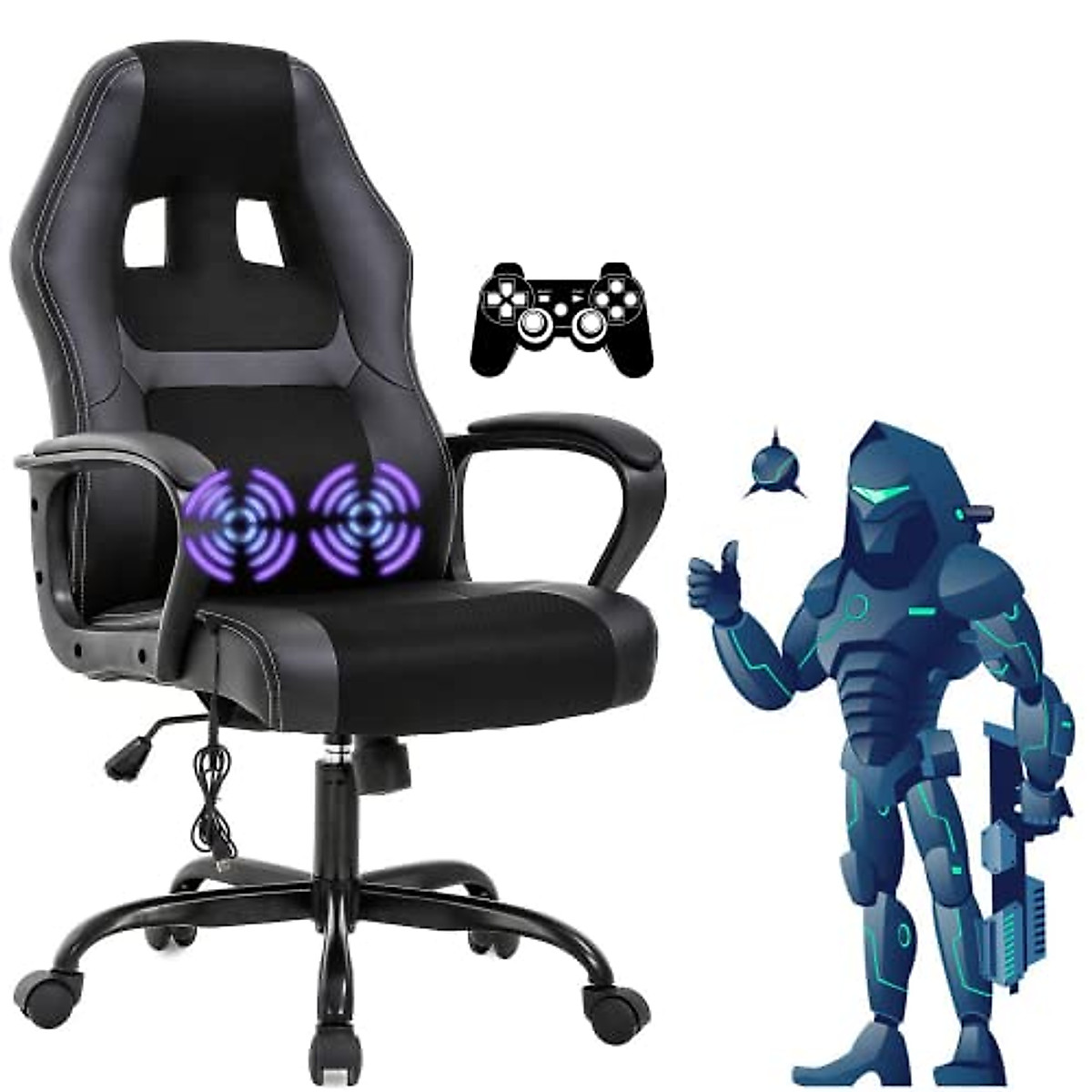 Gaming Chair Massage Office Chair Ergonomic Video Game Chairs Adjustable Reclining Computer Chair with Lumbar Support Armrest Headrest Task Rolling Swivel Chair Game Chair for Adult Teen - Black