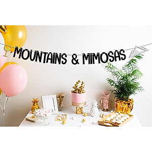 Mountains & Mimosas Banner, Mountain Bachelorette Party Decorations, Cabin Camping Bridal Shower Engagement Wedding Party Supplies Black Silver