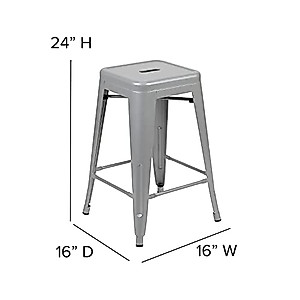 Flash Furniture Cierra 4 Pack Commercial Indoor Counter Height Stools - Silver Galvanized Steel Frame - Gray All-Weather Poly Resin Seat - 24" High - Backless