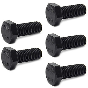 Yinpecly M12 x 30mm Carbon Steel Grade 12.9 External Hex Head Screw Bolts Metric Fully Thread Hexagon Bolts Fastener, 37.8 x 19 x 19mm (Lx W x H) for Machinery Furniture Hardware Black 5pcs