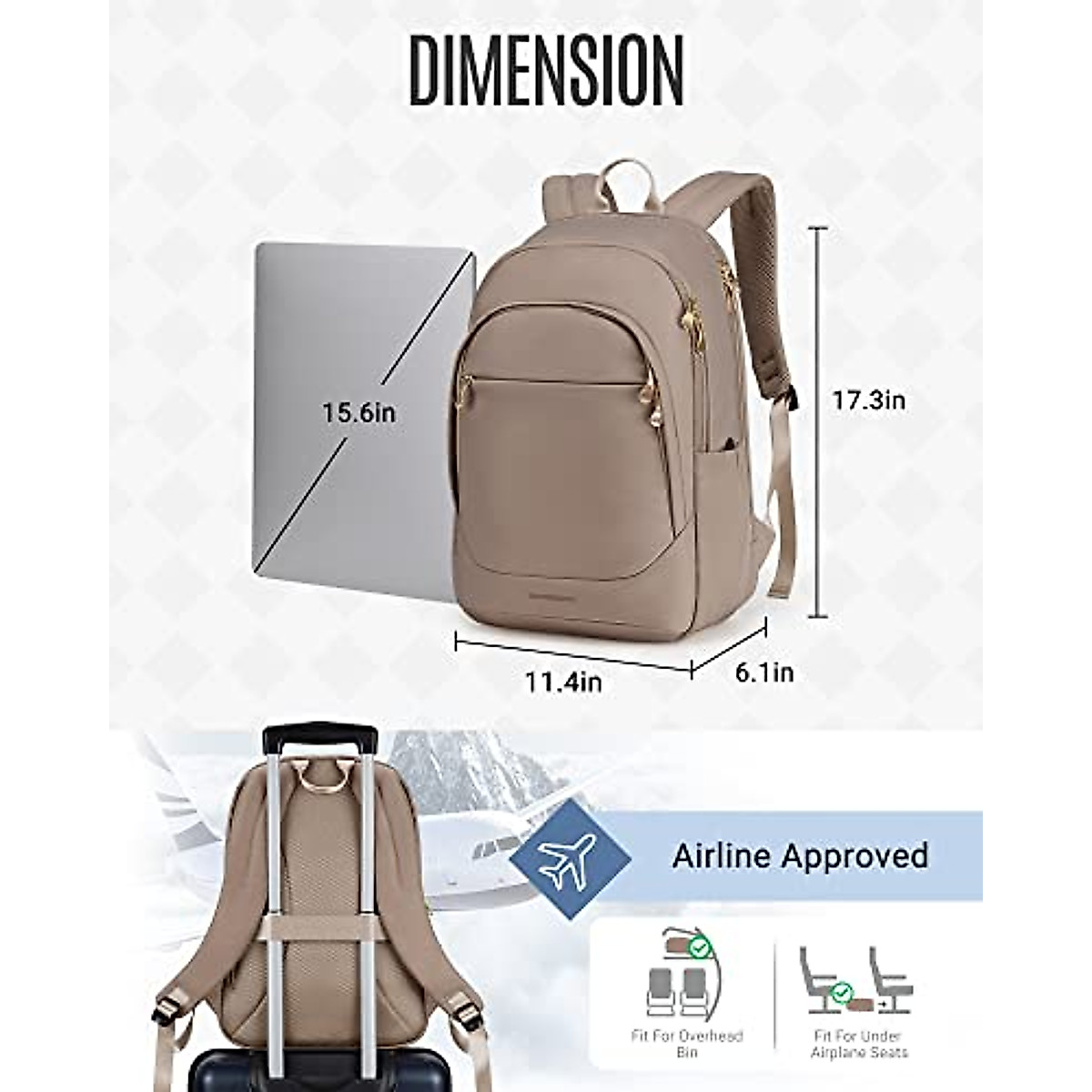 LIGHT FLIGHT Travel Laptop Backpack Women, 15.6 Inch Laptop Backpack with USB Charging Hole, Water Resistant College Bookbag, Black Computer Backpacks for Work, Champagne
