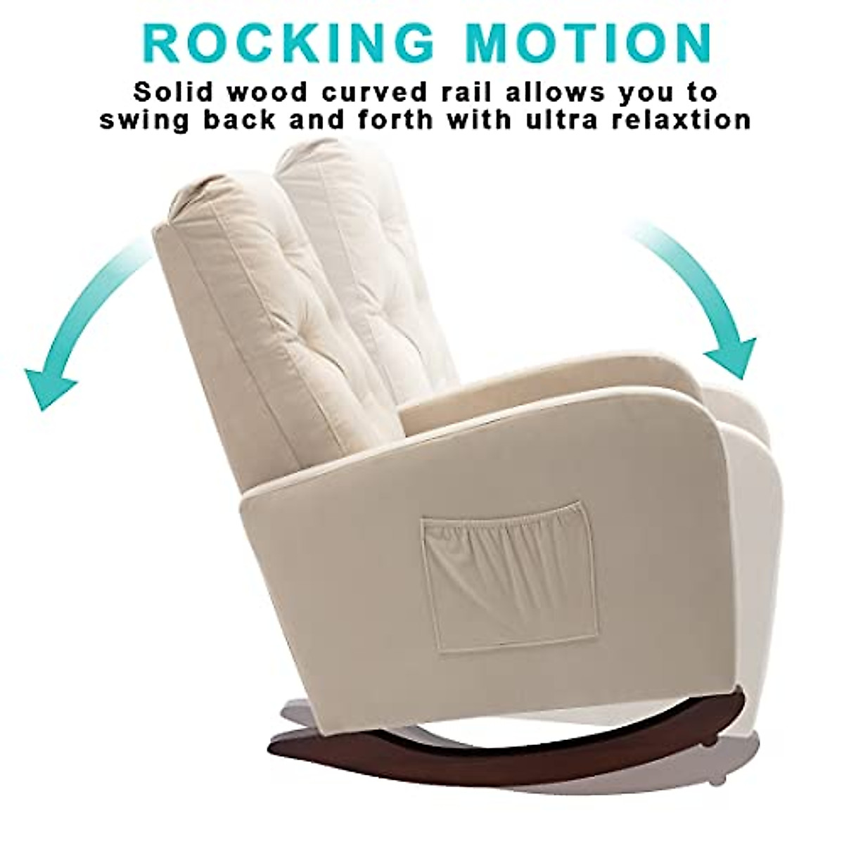 Rocking Accent Chair, Tufted Upholstered Luxury Velvet Lounge Chair, Glider Rocker Armchair with Side Pocket for Nursery, Living Room, Bedroom, Solid Wood Frame for 300 lbs Support (Sandy Beige)