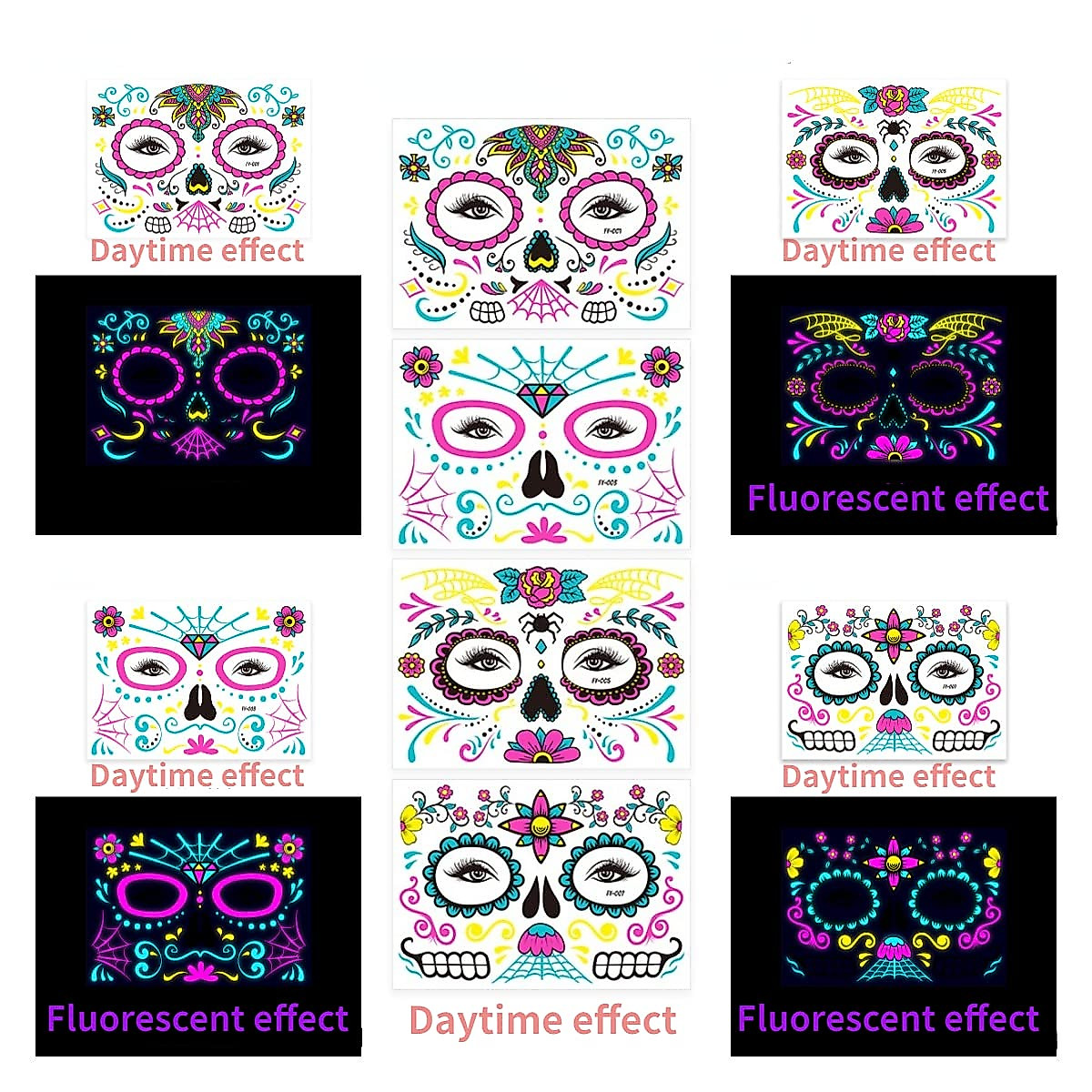 Beilingdun Halloween & Day of the Dead Sugar Skull Glowing Temporary Face Tattoos (8 Packs),Roses Spider Net and Floral Black Skeleton Web Red Roses Full Face Mask Tattoo for the halloween &Night Party