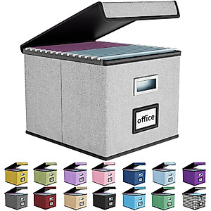 Huolewa Upgraded Portable File Organizer Box with Lids, Collapsible Linen Hanging Filing Storage Boxes with Plastic Slide, Decorative Home/Office Filing System for File and Folders Storage (Gray)