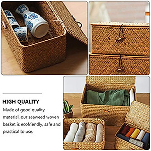 DOITOOL 2pcs Straw Storage Baskets with Lid Seagrass Seaweed Woven Storage Box Laundry Hampers Desktop Sundry Organizer for Clothes Washing Sorting Picnic 26X16x10CM