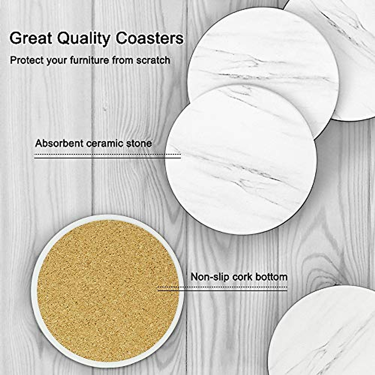 Set of 8 Coasters for Drinks,EAGMAK Absorbent Marble Style Ceramic Drink Coaster with Holder for Coffee Wooden Table Home Decor (White)