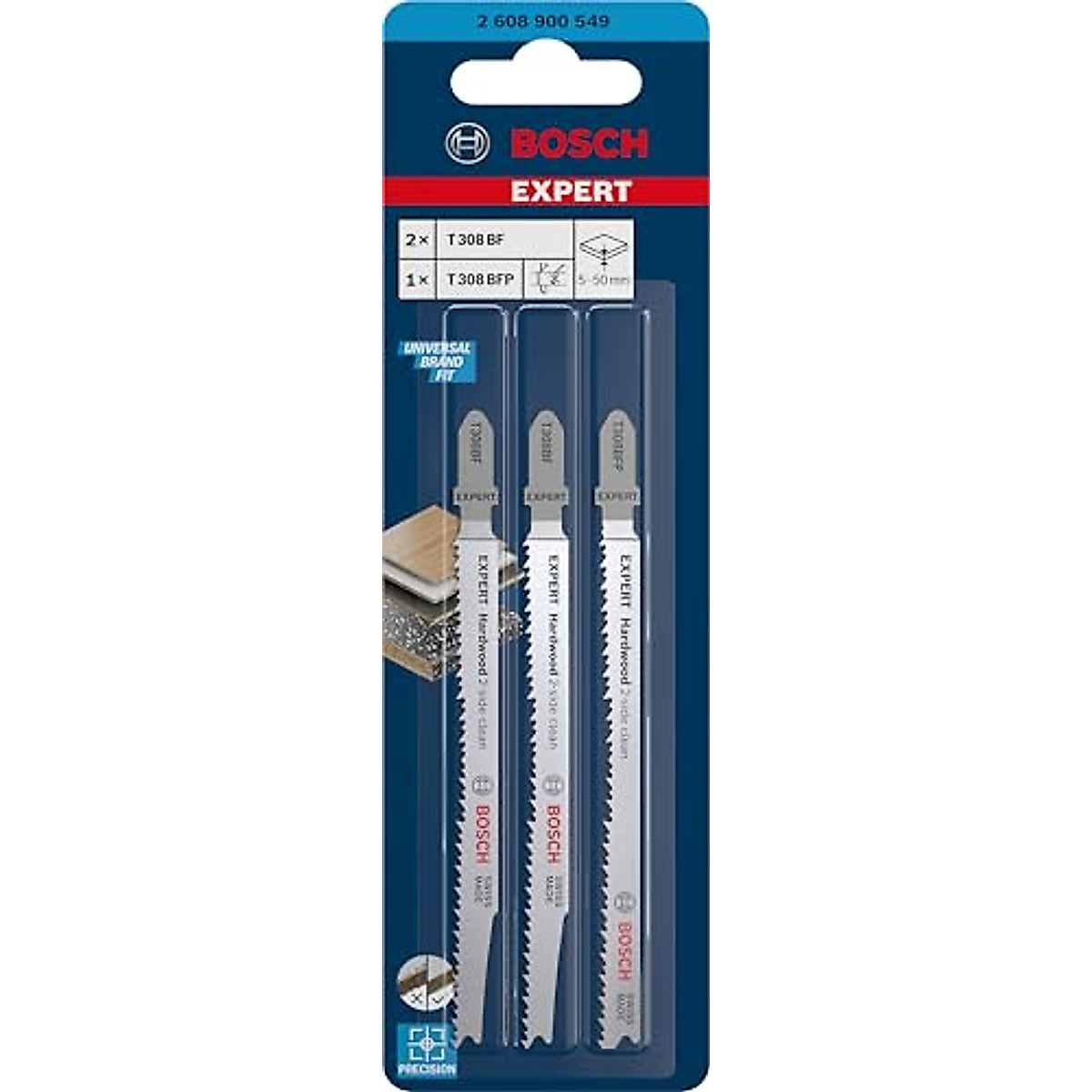 Bosch 3X Expert Hardwood 2-Side Clean Jigsaw Blade Set (for Plastic Coated Boards, Kitchen countertop, Length 117 mm, Professional Accessory Jigsaw)