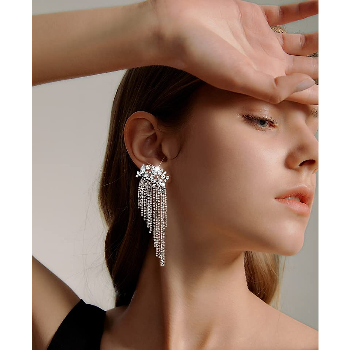 LOVE&CLOVER Earrings for women dangling, Crystal Drop Dangle Earrings Elliptical Ring Teardrop Women Wedding Gift Rose Gold (BLACK)