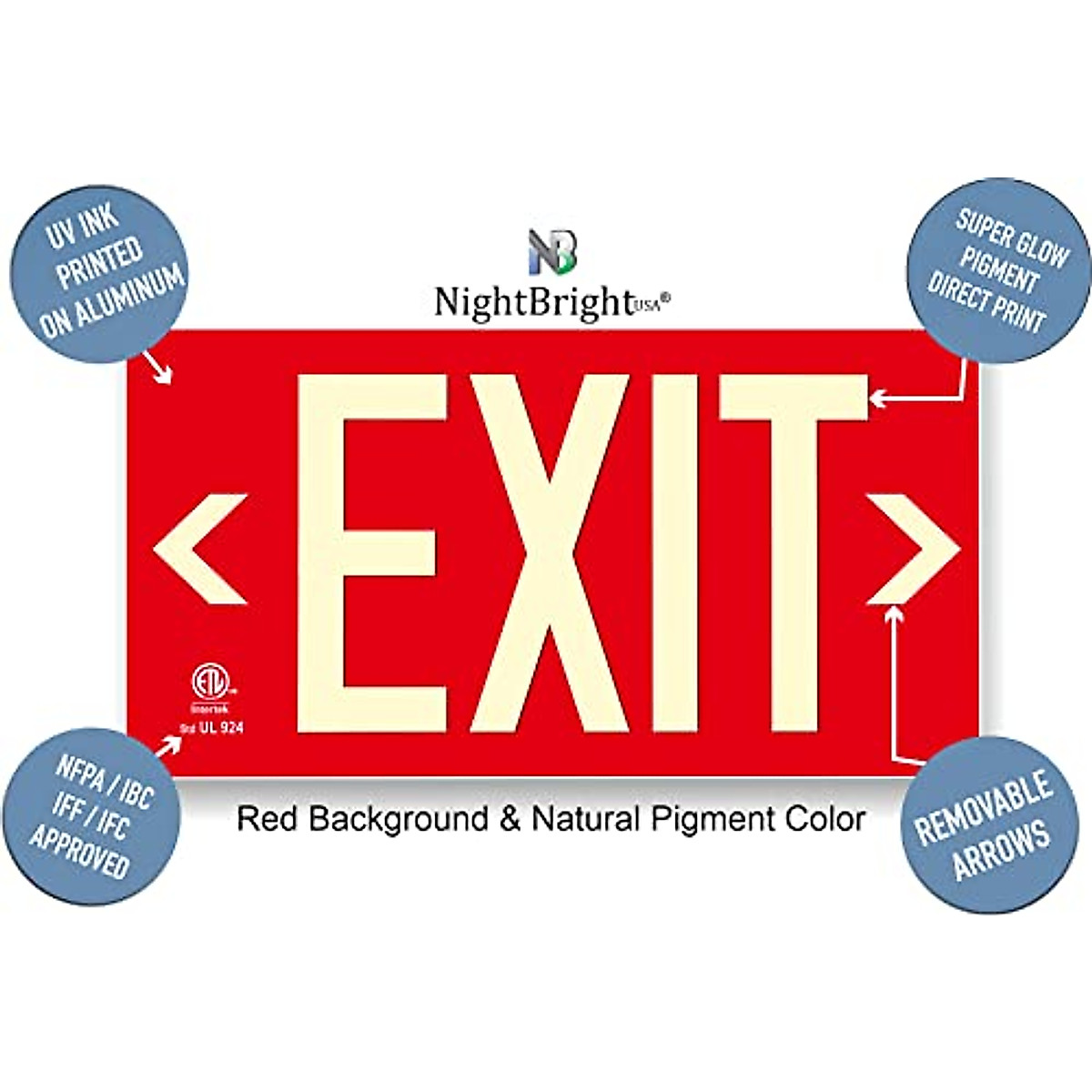 Photoluminescent Exit Sign Red - Pack of 2 - Aluminum - UL 924 Code Approved/IBC/NFPA 101 / NightBright USA Part Number ULR-050 II
