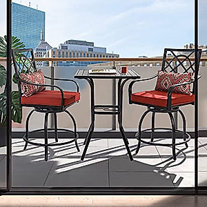 Omelaza 3 Pcs Patio Swivel Bar Stools Set, Outdoor Bar Height Bistro Chairs Set with 2 Cushioned Chairs & 1 Square Bistro Table, Backyard, Lawn, Garden, Black
