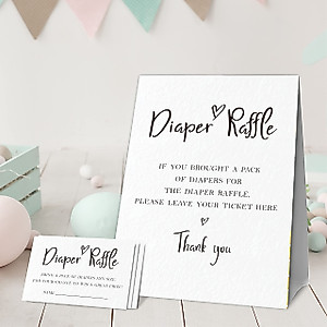 JCVUK Baby Shower Games, 1 Diaper Raffle Standing Sign with 50 Diaper Raffle Tickets, Hello Baby, Modern Minimalist Theme Gender Reveal Party Decorations and Supplies For Boys or Girls(LBLK-A09)