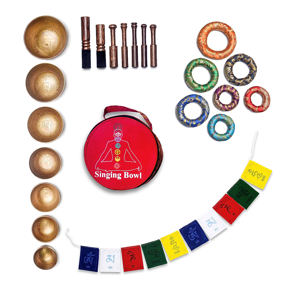 Khusi Tibetan singing bowls chakra sets, hand carved buddha mantra and symbol, sets of seven divine sound bowl.
