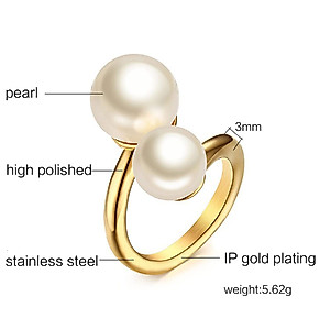 Double Pearls Promise Ring for Women Statement Expandable Adjustable Big Imitation Pearl Ball Open Band 18K Gold Plated Wrap Rings Stainless Steel Comfort Fit Engagement Wedding Jewelry Valentine's Day (7)