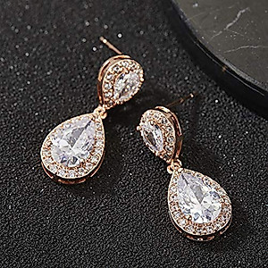 SWEETV Teardrop Dangle Earrings for Brides,Cubic Zirconia Rose Gold Drop Earrings for Women - Prom,Pagegant,Wedding Jewelry