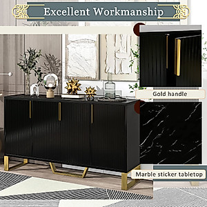 LUMISOL Sideboard Buffet Cabinet, Modern Kitchen Sideboard with 4 Doors, Wooden Storage Cabinet with Metal Base and Marble Sticker Desktop, Mid Century Console Table for Dining Living Room, Black