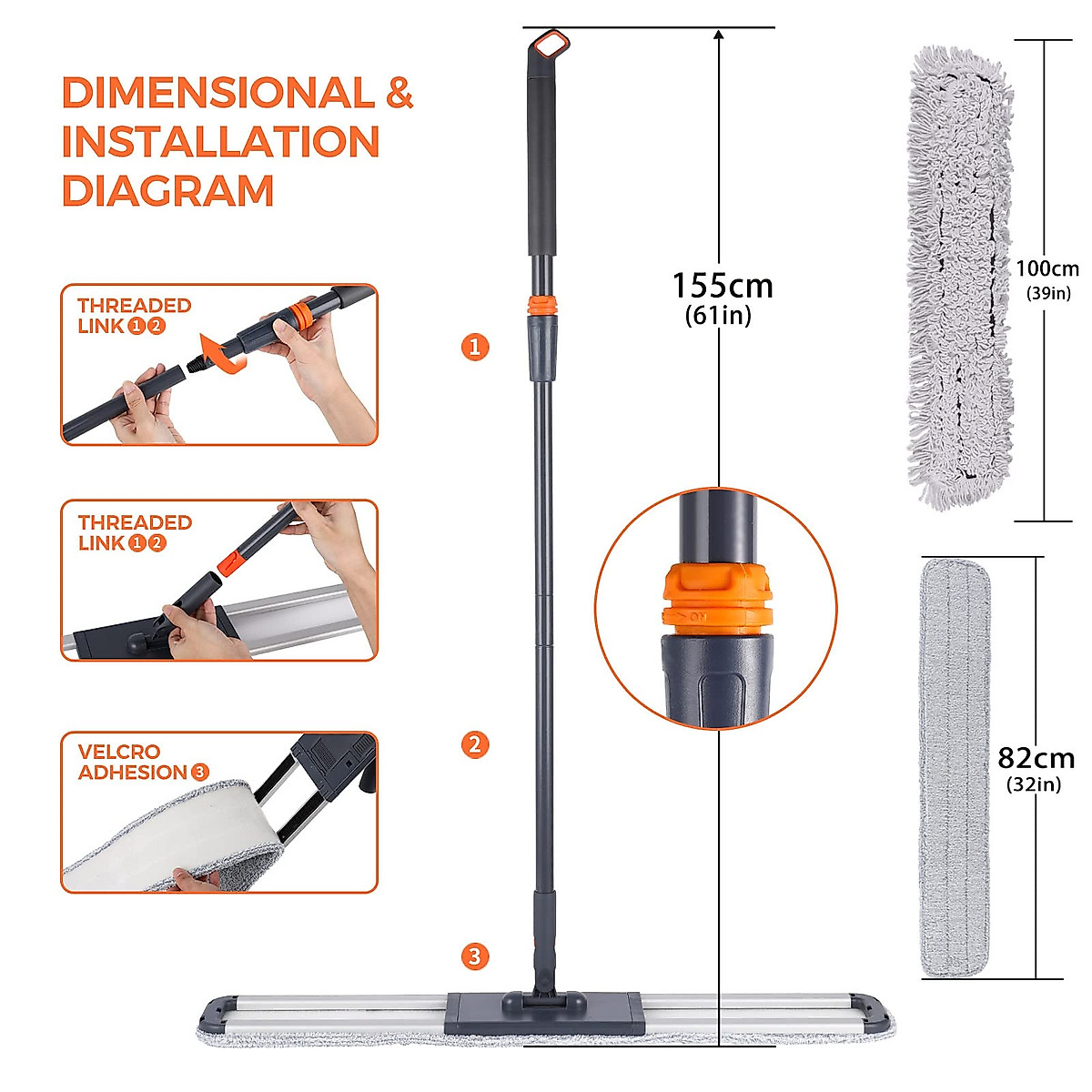 36" Large Wrestling mat mop Commercial Dust Mops for Floor Cleaning Push mop with Adjustable Handle for Company Hotel Household Cleaning Supplies