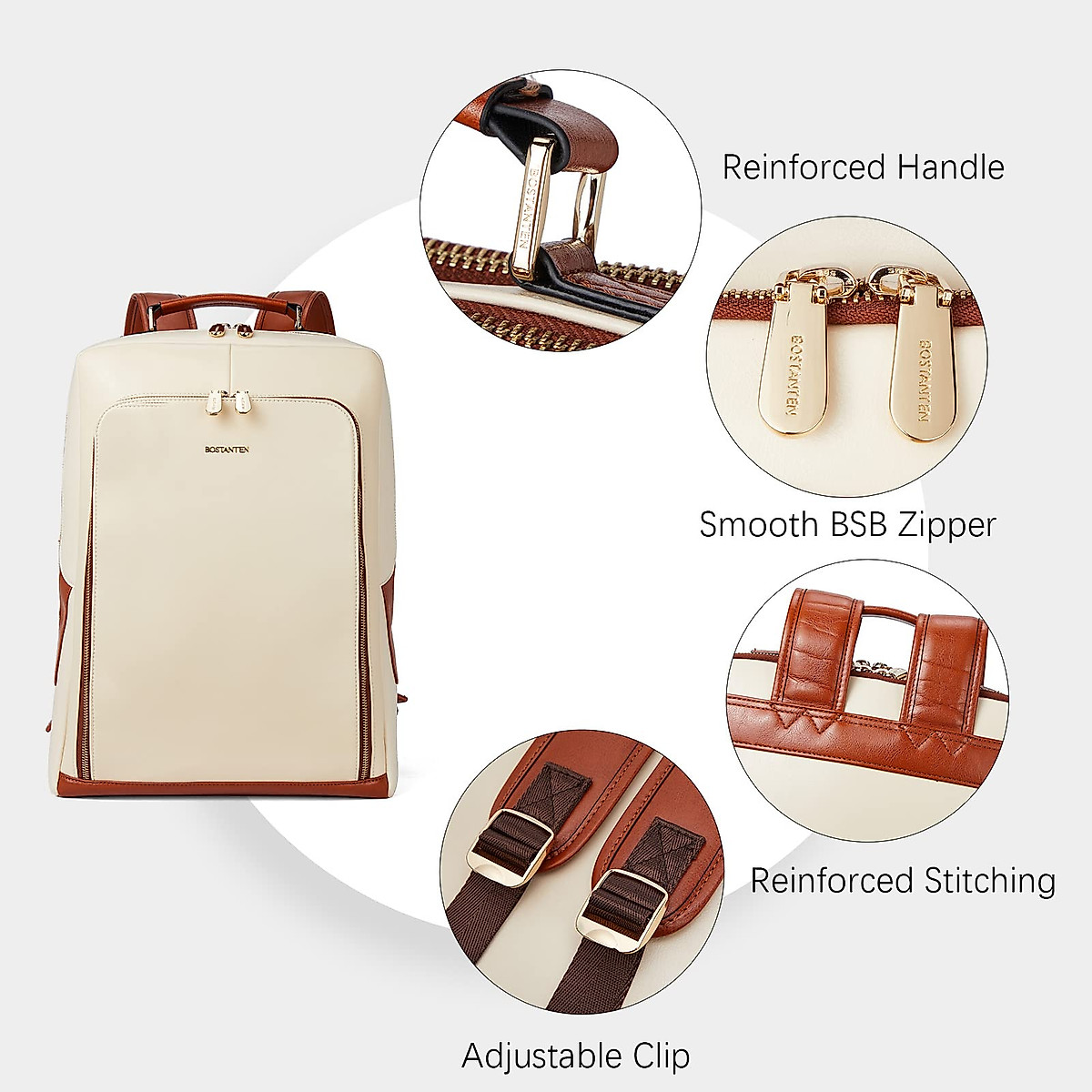 BOSTANTEN Leather Laptop Backpack, 15.6 inch Computer Bakpack Large Capacity Business Work Travel Bag for Women＆Men