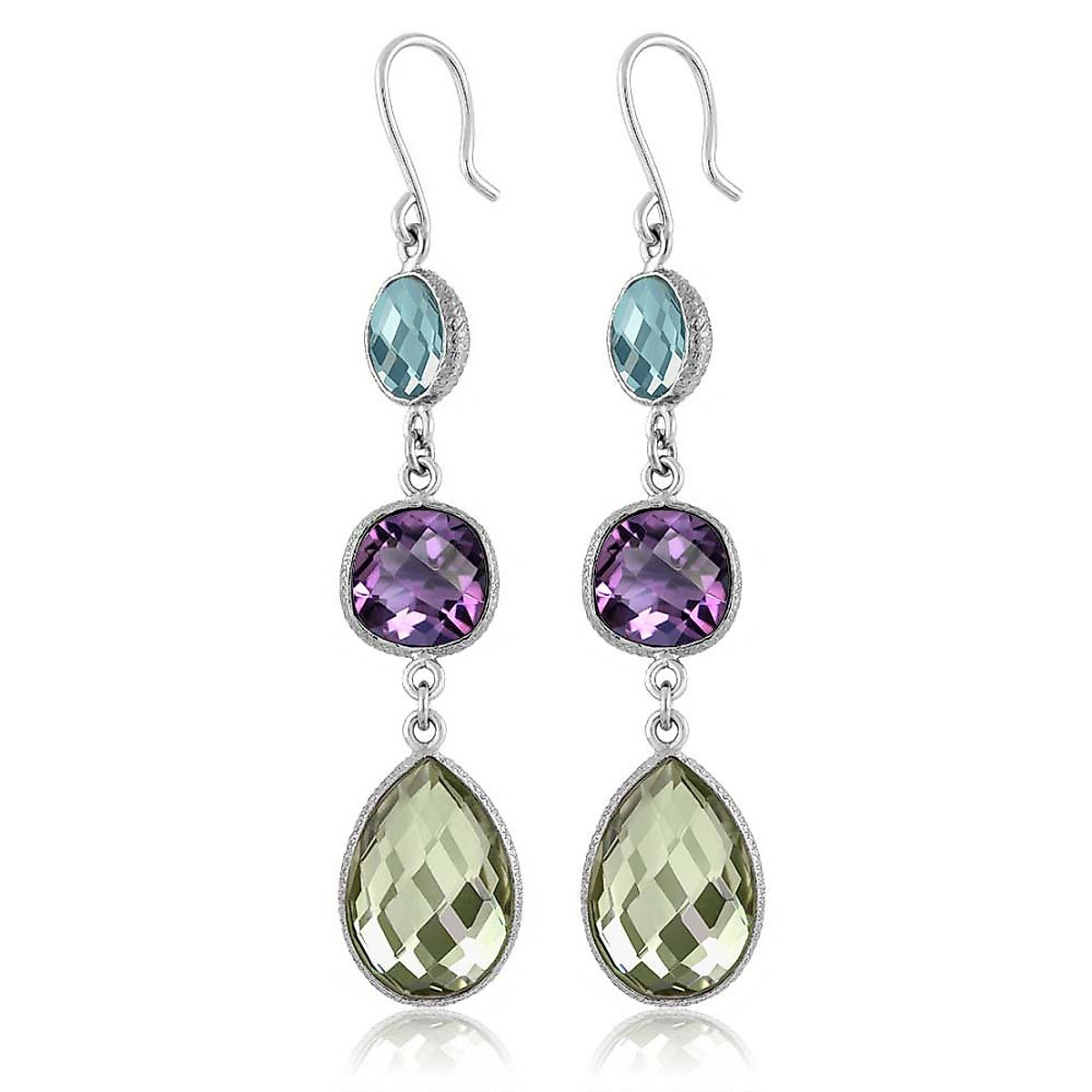 Gem Stone King 925 Sterling Silver Multi Shape Sky Blue Topaz Purple and Green Amethyst Dangle Earrings For Women