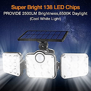 Outdoor Solar Powered Flood Lights, KwafoTri 138 LED 2200LM with Remote Control, IP65 Waterproof, 3 Adjustable Heads, 270° Wide Angle, Wireless Security Light for Garage Patio Porch Garden Yard-2 Pack