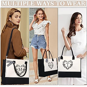YOOLIFE Canvas Tote Bag for Women - Monogram Initial Beach Tote Bag with Zipper Makeup Bag for Women Her Mom Friend Female Sister Bridesmaid Girlfriend Wife, Personalized Birthday Gifts for Women R
