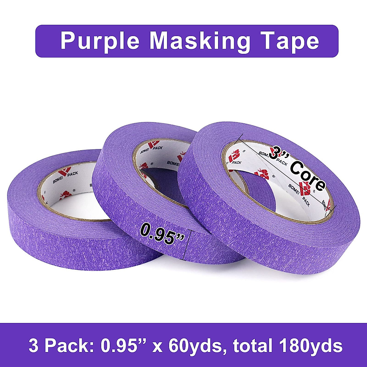 BOMEI PACK Purple Painters Tape 0.94-Inches x 60 Yards, 14 Day Easy Removal Decorative Marking Masking Tape for Painting, Labeling, DIY Crafting, Decoration and School Projects, 3 Pack