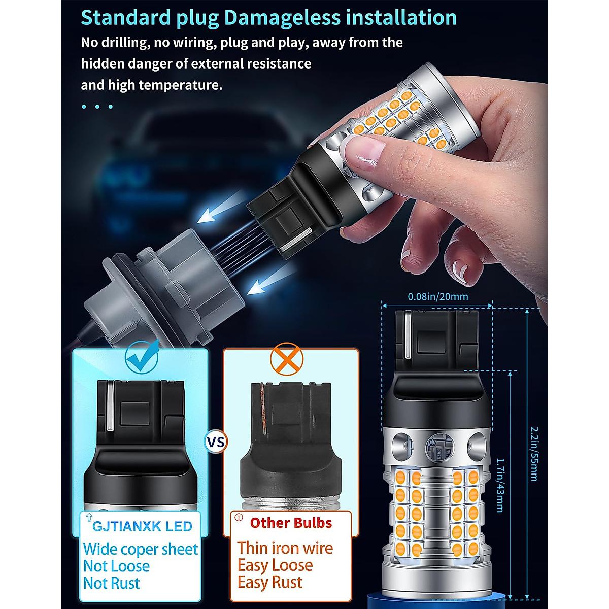 GJTIANXK 7440 LED Bulbs for Turn Signal Lights Amber Yellow 2200K Extremely Bright CANBUS Error Free T20 7440A 7440NA 7441 WY21W LED Bulbs Replacement (Pack of 2)