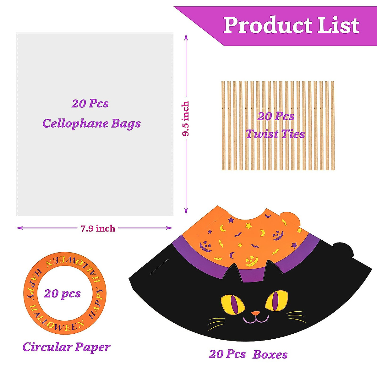 PARBEE Halloween Treat Boxes 20 Set Black Cat Candy Box with Cellophane Cookie Bags & Twist Ties, Trick or Treat Goodie Bags Halloween Party Tabeltop Centerpiece