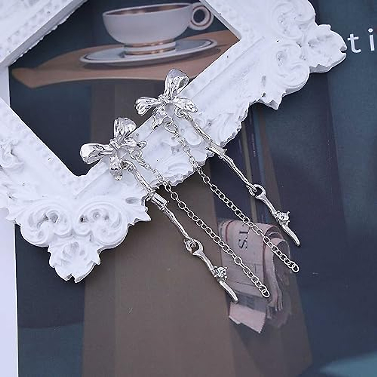 Sttiafay Vintage Bow Crystal Drop Earrings Silver Bar Dangle Earrings Long Crystal Bow Chain Earrings Cz Tassel Chain Earrings Jewelry for Women and Girls