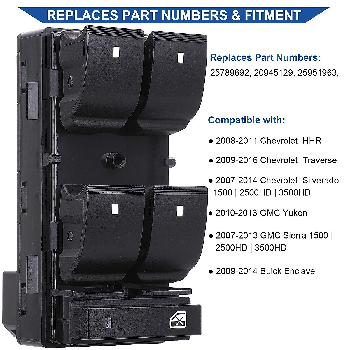 Obaee Driver Side Power Master Window Switch, Compatible with Chevy Silverado/Chevrolet Traverse/HHR/2007-2013 GMC Sierra/Yukon/Buick Enclave Replace OE 20945129 25789692