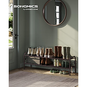 SONGMICS Shoe Rack, 2-Tier Shoe Organizer, Metal Shoe Shelf Storage with 4 Side Hooks, Holds 12 Pairs of Shoes, Height-Adjustable Shoe Rack for Entryway, Hallway, Closet, Easy Assembly, Chestnut Brown