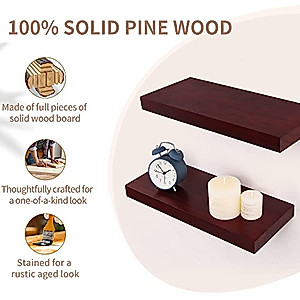 Floating Shelves Set of 2, Farmhouse Rustic Wood Shelves for Wall Storage, Solid Wood Bathroom Shelves, Wall Mounted Wooden Display Shelf for Living Room, Kitchen, 16 x 6.7 x 1.4 inch, Mahogany