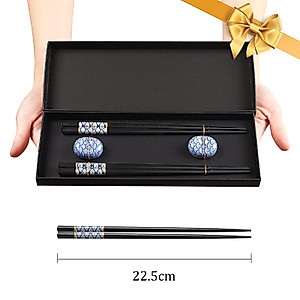 TIICOO Chopsticks Reusable Japanese Wave Pattern Style Lightweight 2 Pairs Wooden Chopsticks + 2 Ceramic Chopsticks Holder Gift Set, 8.85 inches/22.5cm, Dishwasher Safe