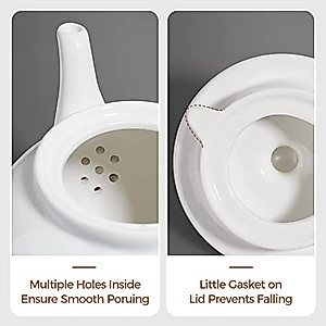 ComSaf Porcelain Teapot with Removable Infuser & Lid 37oz(4-5 Cups), Large Tea Pot with Stainless Steel Fine Mesh Infuser, Ceramic Tea Maker with Strainer for Loose Leaf Tea or Bags, White