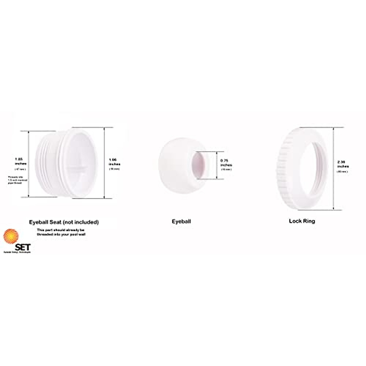 SunSolar Swimming Pool Return Jet - Replacement — Directional Eyeball Ring with 3/4-Inch Opening — Connects with 1.5-Inch Female Thread Ring — Pool Accessories for Cleaning — White (2-Pack)