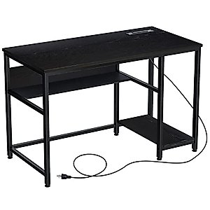 Rolanstar Computer Desk 47” with Power Outlet & Storage Shelves, Home Office PC Desk with USB Ports Charging Station, Writing Study Desktop Table with Stable Metal Frame, Black