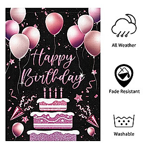 Happy Birthday Garden Flag Balloons Pink Birthday Cake Yard Flags 12x18 Inch Double Sided Burlap Banner for Farmhouse Outdoor Prime Birthday Party Celebration Decoration(ONLY FLAG)