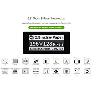 waveshare 2.9inch Capacitive Touch e-Paper Module for Raspberry Pi Pico, 296×128 Pixels, Black/White Two-Color, SPI / I2C Interface, Support Partial Refresh