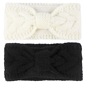 Muryobao 2 Pack Women Winter Warm Headband Fuzzy Fleece Lined Thick Cable Knit Ear Warmer Stretchy Crocheted HeadWrap Black & White