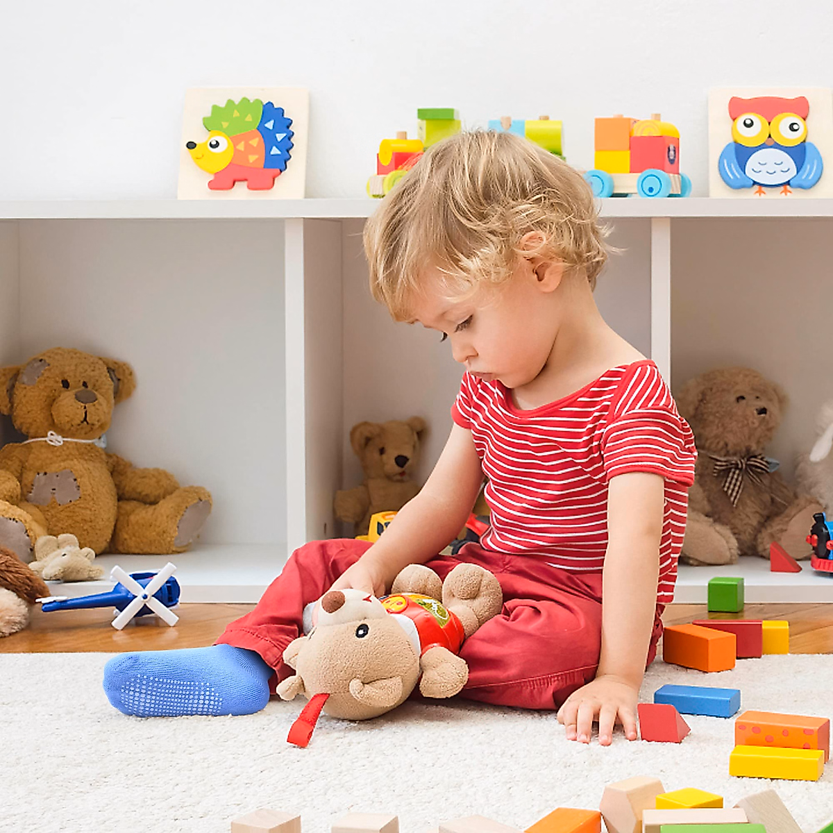 HYzgb Toddler Boys Socks 1T-2T-3T with Grips 12 Pairs Baby Socks 12-18-24 Months Non Slip Cotton Crew Grippers Socks for Toddler Children 1-2-3 Years Old (Black/White/Gray/Skyblue)