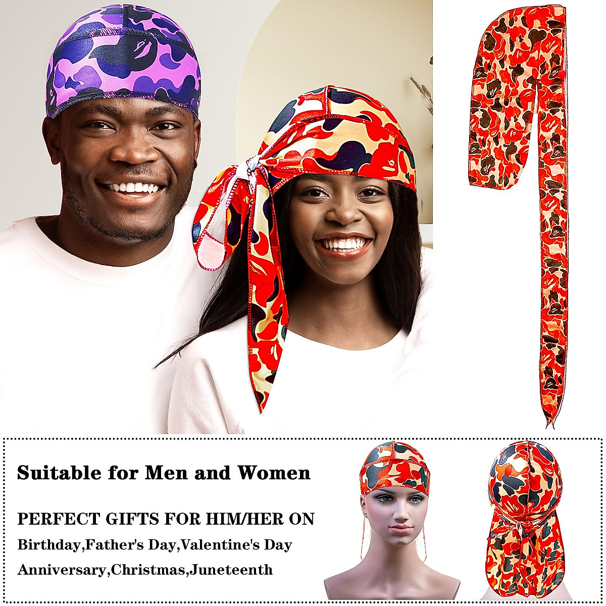 4Pcs Durag Set Silk Durag for Men Designer Durag Printed Do Rag with Long Tail Durag Hip Hop Turban Colorful Headband for Mens Braid Dread