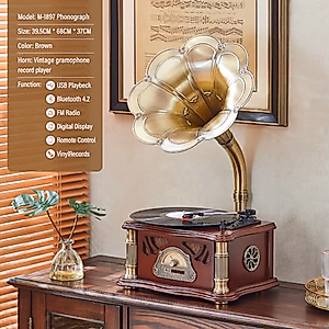 HZLSBL Vintage Gramophone with Bluetooth Output Vintage Record Players Retro Gramophone Turntables for 7" 9" 12" Vinyl Records 3 Speed, Hi-Fi, Handcrafted by Pure Oak (Walnut)
