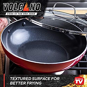 Red Volcano Textured Ceramic Nonstick, 11" Flat Bottom Wok Stir-Fry Pan with Lid for High Heat Cooking, Oven & Broiler Safe to 600 Degrees, Dishwasher Safe, PFAS PFOA & PTFE Free, Red