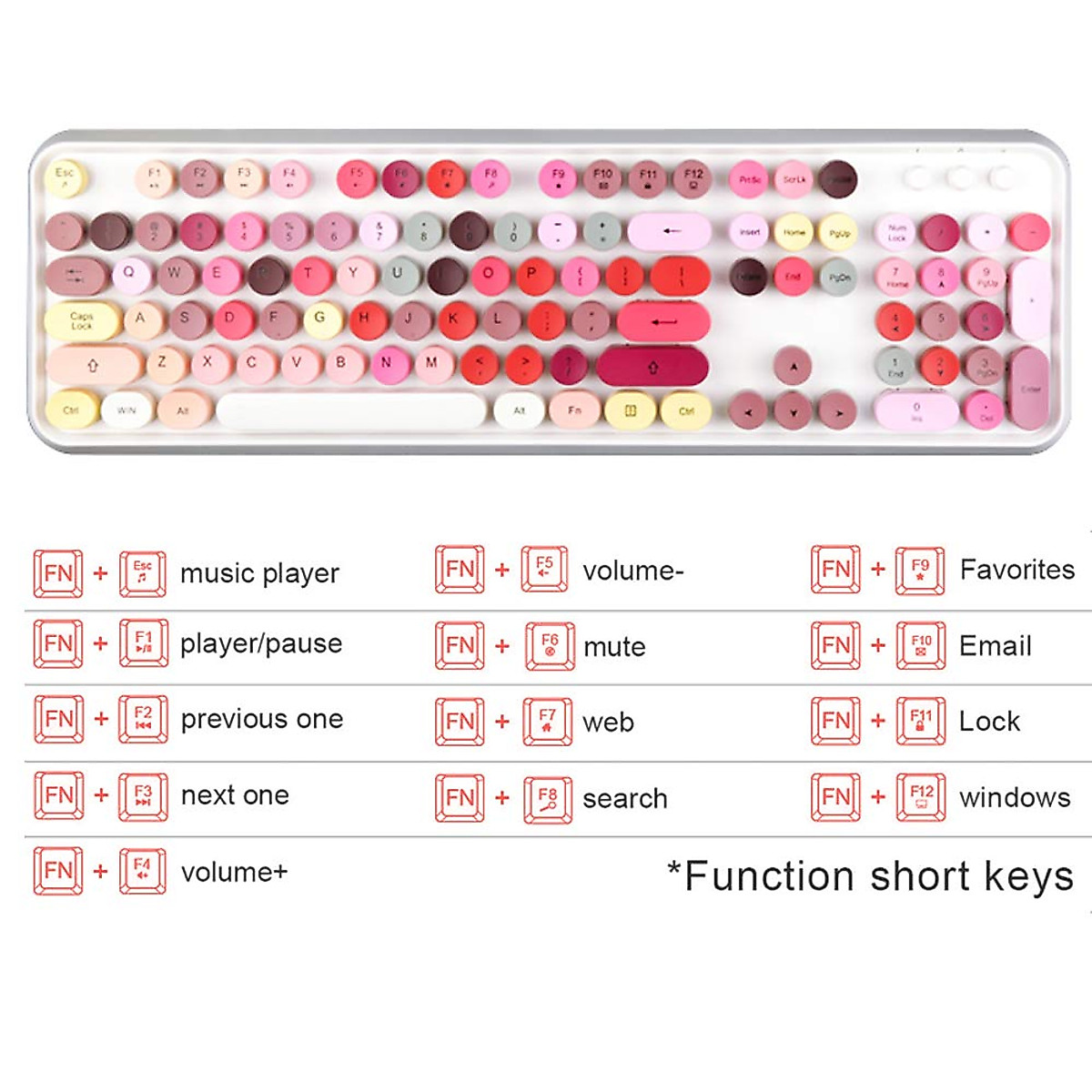 SADES V2020 White Colorful Wireless Keyboard with Round Keycaps,2.4GHz Dropout-Free Connection,Long Battery Life,Cute Wireless Moues for PC/Laptop/Mac
