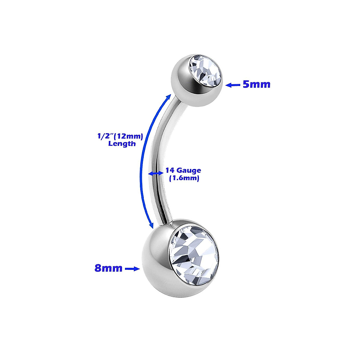4Pcs Surgical Steel 14 gauge 1/2 12mm Navel Belly Button Piercing Jewelry Earring Ear Lobe 8mm 5mm CL PE BZ EM Crystal M6352