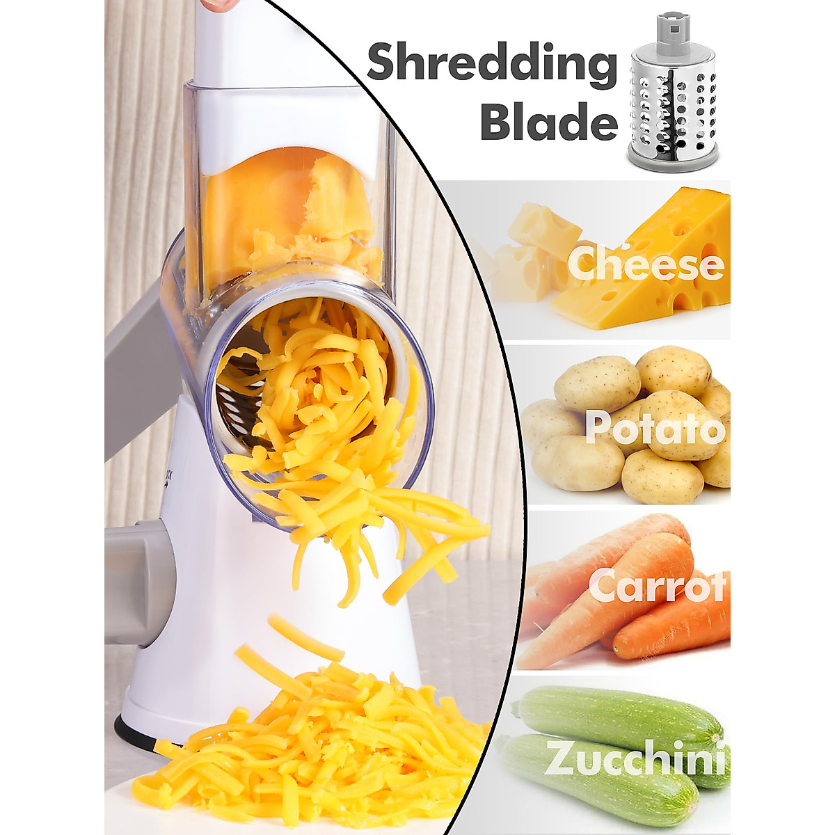 LucGee Rotary Cheese Grater with Handle - 3 in 1 Cheese Shredder Rotary Grater Stainless Steel Handheld, Vegetable Slicer for Fruit, Cheese, Nuts(White)