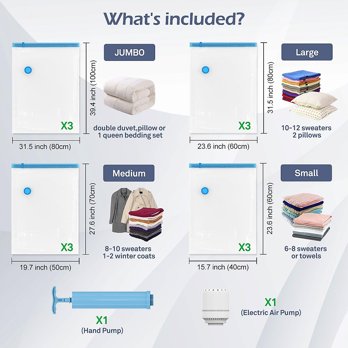 AKLL7S Vacuum Storage Bags with Electric Air Pump, 12 Pack Space Saver Bags(3 Jumbo, 3 Large, 3 Medium, 3 Small) Vacuum Seal Bags for Clothing, Comforters, Blankets, Travel(Hand Pump Included)